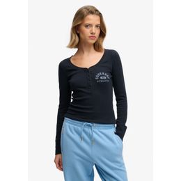 Superdry Damen Langarmshirt "ATHLETIC BUTTON DOWN LS TOP", schwarz, Gr. S, bedruckt, Single Jersey, Obermaterial: 95% Baumwolle, 5% Elasthan, Shirts,