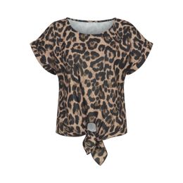 CLOUD 5IVE Damen T-Shirt "CLOUD 5IVE Top withknot detail and leo print"braun, schwarz, Gr. L, animal-print, 95% Polyester, 5% Elasthan, Shirts