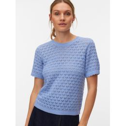 V&eacute;ro Moda Stricktop VERO MODA "VMJAQUELINE SS O-NECK TOP BOO", Damen, Gr. XS, brunnera blau, Obermaterial: 60% Baumwolle, 40% Polyacryl, unifarben, regular fit normal, Rundhals, Tops Stricktop, mit zartem Muster