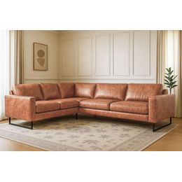 Ecksofa Home Affaire "Pinto, XXL, 250/290 cm, langer Schenkel, Ottomane", braun (cognac), B:290cm H:85cm T:250cm, Luxus-Microfaser in Lederoptik(100% Polyester);Cord (92% Polyester, 8% Polyamide), Sofas, Ecksofa, Cord, Chenille, Lederoptik, mit Keder, Metallf&uuml;&szlig;e, Wellenunterfederung