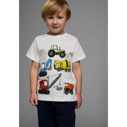 Kidsworld Jungen T-Shirt "Mit allen BAGGER & CO. Print", wei&szlig;, Gr. 104, bedruckt, Single Jersey, Obermaterial: 100% Baumwolle, Shirts, Kurzarm,