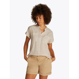 Tommy Hilfiger Damen Kurzarmbluse "ESS LINEN COLLARLESS S/S BLOUSE"classic ithaca, sandalwood, Gr. 40, gestreift, Web, Obermaterial: 100% Leinen,