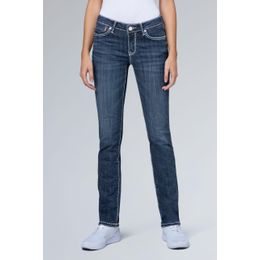 SOCCX Damen Regular-fit-Jeans, blau, Gr. 33, Abriebeffekte, Denim/Jeans, Material: 87% Baumwolle, 10% Polyester, 3% Elasthan, Zusatz: Enth&auml;lt