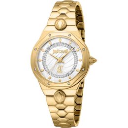 Quarzuhr JUST cavalli time "Glam", goldfarben, Armbanduhren, Damen, Quarzuhr, Armbanduhr, Damenuhr, Edelstahlarmband, analog, Kristallsteine