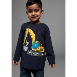 Kidsworld Jungen Langarmshirt "Shirt mit Druck: HUND MIT BAGGER", blau, Gr. 140, bedruckt, Jersey, Obermaterial: 100% Baumwolle, Shirts, Langarm,