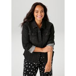 ANISTON PLUS Damen Jeansjacke, schwarz, Gr. 50, Abriebeffekte, unifarben, Denim/Jeans, Obermaterial: 98% Baumwolle, 2% Elasthan, Jacken, mit