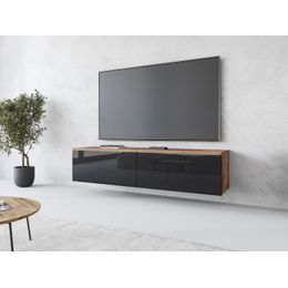 Lowboard Home Affaire "LOWBOARD D, wahlweise mit oder ohne Beleuchtung", schwarz (votan eichefarben, schwarz hochglanz), B:140cm H:30cm T:33cm, Sideboards, Lowboard, modernes TV-Board ohne Griffe, mit viel Stauraum,stehend und h&auml;ngend