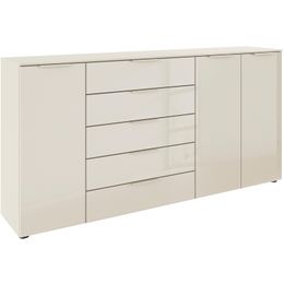 Kombikommode Rauch "Kommode T&uuml;rkommode Sideboard Kombikommode FLIPP mit Glasfront", beige (beige, glas beige (champagner)), B:200cm H:100cm T:42cm, Holzwerkstoff, Sideboards, Kombikommode, 3-t&uuml;rig mit 5 Schubladen und Soft-Close-Funktion sowie Glasfront