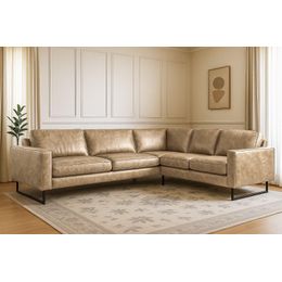 Ecksofa Home Affaire "Pinto, XXL, 250/290 cm, langer Schenkel, Ottomane", beige, B:290cm H:85cm T:250cm, Luxus-Microfaser in Lederoptik(100% Polyester);Cord (92% Polyester, 8% Polyamide), Sofas, Ecksofa, Cord, Chenille, Lederoptik, mit Keder, Metallf&uuml;&szlig;e, Wellenunterfederung