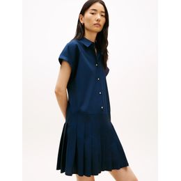 Tommy Hilfiger Damen Shirtkleid "POPLIN PLEATED SHORT SS DRESS", blau, Gr. XS, unifarben, Jersey, Obermaterial: 100% Baumwolle, Kleider, mit