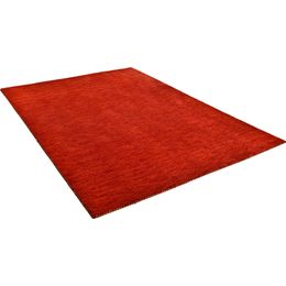 Wollteppich Theko, B:195cm H:17mm L:300cm, rot, Schurwolle, Wohnzimmer, Teppiche, "Haltu Uni", Handweb Teppich, reine Wolle, Uni-Farben, meliert,