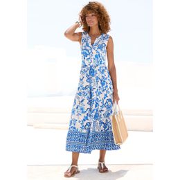 Lascana Damen Maxikleid "mit Blumenprint und kurzer Knopfleiste", blau, Gr. 38, bedruckt, gebl&uuml;mt, Web, Obermaterial: 100% Viskose, Kleider,