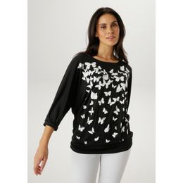 Damen T-Shirt, schwarz-wei&szlig;, Gr. 42, Aniston SELECTED, bedruckt, gemustert, Single Jersey, Obermaterial: 95% Viskose, 5% Elasthan, Shirts, vorne mit