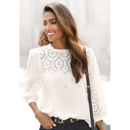 Lascana Damen Schlupfbluse, beige, Gr. 40, unifarben, Web, Obermaterial: 100% Viskose, Blusen, mit Lochstickerei und dezenten R&uuml;schen, 3/4-&auml;rmelige