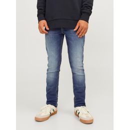Jack & Jones Slim-fit-Jeans JACK & JONES JUNIOR "JJIGLENN JJORIGINAL MF 001 I.K NOOS JNR", Jungen, Gr. 164, N-Gr, blau (blau denim), Denim/Jeans, Obermaterial: 79% Baumwolle, 20% Polyester, 1% Elasthan, Abriebeffekte, slim fit kn&ouml;chellang, Jeans Slim-fit-Jeans