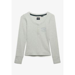 Langarmshirt Superdry "ATHLETIC BUTTON DOWN LS TOP", Damen, Gr. L, grau (iced grau marl), Single Jersey, Obermaterial: 95% Baumwolle, 5% Elasthan, bedruckt, meliert, skinny fit normal, tiefer Rundhals, Shirts Langarmshirt, Baumwolle, skinny fit