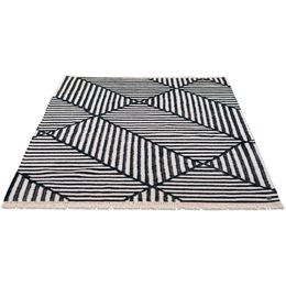 Teppich Tom Tailor HOME, B:140cm H:5mm L:200cm, schwarz-wei&szlig;, Baumwolle, Wolle, Wohnzimmer, Teppiche, "Criss Cross", handgewebt, mit Fransen,