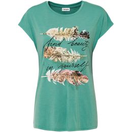 bonprix Damen T-Shirt "T-Shirt mit Glitzerdruck", gr&uuml;n, Gr. 40, Obermaterial: 65% Polyester, 35% Viskose, Shirts, schmale Passform, Kurzarm, mit