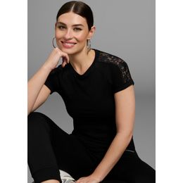 T-Shirt Bruno Banani, Damen, Gr. 36/38, schwarz, Jersey, Obermaterial: 95% Viskose, 5% Elasthan, unifarben, figurbetont h&uuml;ftbedeckend, Rundhals, Raglan&auml;rmel, Shirts T-Shirt, mit Spitzen-Einsatz im Raglan-&Auml;rmel
