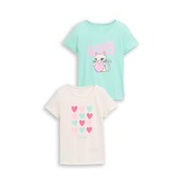 T-Shirt Tom Tailor, M&auml;dchen, Gr. 128/134, wool wei&szlig;, Jersey, Obermaterial: 100% Baumwolle, bedruckt, regular fit normal, Rundhals, gerader Abschluss, Shirts T-Shirt, im 2er Pack
