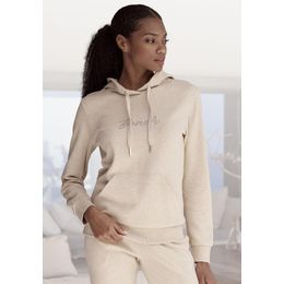 Damen Kapuzensweatshirt, BENCH. LOUNGEWEAR, Gr. 32, beige, Interlock, Obermaterial: 55% Baumwolle, 45% Polyester, bestickt, meliert, unifarben,