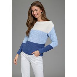 Streifenpullover Laura Scott, Damen, Gr. 48/50, blau wei&szlig; gestreift, Grobstrick, Obermaterial: 50% Baumwolle, 50% Polyacryl, gestreift, figurumspielend Po-bedeckend, U-Boot-Ausschnitt, Pullover Streifenpullover, leichter &Uuml;bergangspullover mit Strukturstrick