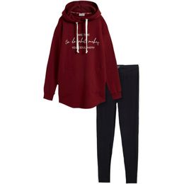 bonprix Damen Jogginganzug "Jogginganzug mit Long-Sweatshirt und Leggings (2-teilig)", rot, Gr. 52, mehrfarbig, Obermaterial: 60% Baumwolle, 40%