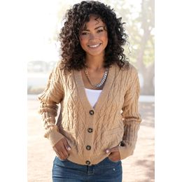 Lascana Damen Strickjacke, braun, Gr. 44, unifarben, Strick, Obermaterial: 50% Polyacryl, 50% Polyester, Strickjacken, mit Zopfmuster, kuschelweicher
