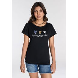 Kangaroos Damen Kurzarmshirt, schwarz, Gr. 36, bedruckt, unifarben mit Farbeinsatz, Jersey, Obermaterial: 50% Baumwolle, 50% Modal, Shirts, mit s&uuml;&szlig;en