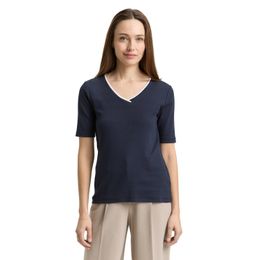 T-Shirt Tom Tailor, Damen, Gr. L, blau (sky captain blau), Single Jersey, Obermaterial: 97% Baumwolle, 3% Elasthan, unifarben, regular fit normal, V-Ausschnitt, gerader Abschluss, Shirts T-Shirt, mit Kontrast Detail