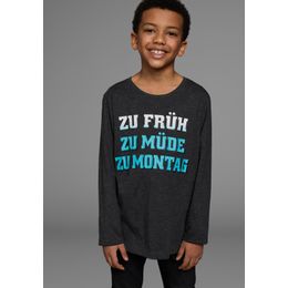 Kidsworld Jungen Langarmshirt "ZU FR&Uuml;H, ZU M&Uuml;DE, ZU MONTAG", grau, Gr. 128, bedruckt, Jersey, Obermaterial: 60% Baumwolle, 40% Polyester, Shirts,
