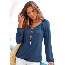 s.Oliver Damen Langarmshirt "mit Bindeband in Lederoptik am Ausschnitt, Boho-Style", blau, Gr. 44, unifarben, Jersey, Obermaterial: 95% Viskose, 5%