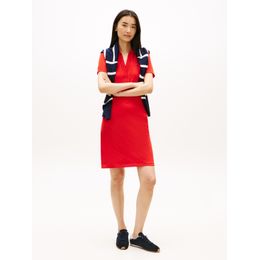 Polokleid Tommy Hilfiger "SLIM OPEN NK POLO DRESS SS", Damen, Gr. M (40), N-Gr, fireworks, Jersey, Obermaterial: 96% Baumwolle, 4% Elasthan, unifarben, figurbetont, V-Ausschnitt, Kleider, mit gestickter Tommy Hilfiger Flagge