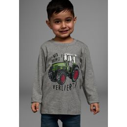 Kidsworld Jungen Langarmshirt "Shirt mit Spruch: WER BREMST, VERLIERT", grau, Gr. 128, bedruckt, Jersey, Obermaterial: 85% Baumwolle, 15% Viskose.