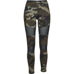 Leggings Urban Classics "Urban Classics Damen Ladies Camo Tech Mesh Leggings", Damen, Gr. L, US-Gr&ouml;&szlig;en, woodcamo, schwarz, 77% Polyester, 23% Elasthan, skinny fit, Hosen Leggings
