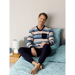 w&auml;schepur W&Auml;SCHEPUR Herren Schlafanzug, Gr. 48marine, ecru, geringelt, 100% Baumwolle, Homewear-Sets