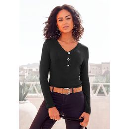 Lascana Damen Langarmshirt "mit kurzer Knopfleiste", schwarz, Gr. 32, unifarben, Rippware, Obermaterial: 95% Viskose, 5% Elasthan, Shirts, aus