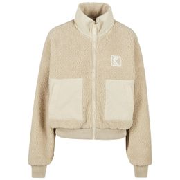 Bomberjacke Karl Kani "Karl Kani OG Crop Teddy Bomber Jacket", Damen, Gr. M, sand, 100% Polyester, mehrfarbig, oversize, hoch geschlossener Ausschnitt, Jacken Bomberjacke
