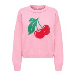 Only Damen Strickpullover "ONLELISE LS O-NECK KNT"romance rose pattern:cherry, barbados rot, gr&uuml;n, Gr. XS, gemustert, Strick, Obermaterial: 59%