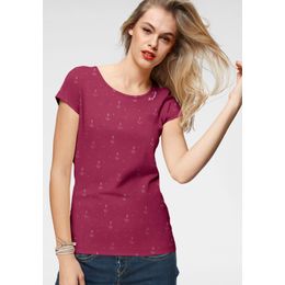 T-Shirt Ragwear "FLORAH A ORGANIC O", Damen, Gr. XS (34), raspberry 4051, Single Jersey, Obermaterial: 70% Baumwolle, 30% Polyester, bedruckt, gemustert, kontrastfarbene Details, mehrfarbig, figurbetont normal, Rundhals, Shirts T-Shirt, mit maritimen Anker-Allover-Druck, Topseller