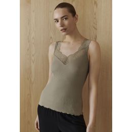Spitzentop rosemunde "Beatha Lace Top", Damen, Gr. XS, gr&uuml;n (khaki), Feinripp, Obermaterial: 55% Seide, 45% Baumwolle, V-Ausschnitt, Tops Spitzentop, Vintage-Spitzenbesatz, feminin, ohne &Auml;rmel, Seidenmix
