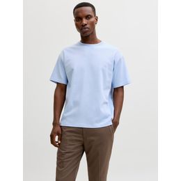 Jack & Jones Kurzarmshirt JACK & JONES "JPRBLAETHAN SS LOGO TEE SN", Herren, Gr. S, chambray blau, Jersey, Obermaterial: 40% Baumwolle, 38% Polyester, 22% Elastomultiester, unifarben, regular fit normal, Rundhals, Shirts Kurzarmshirt, Materialmix, regular fit
