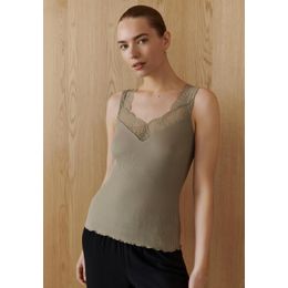 Spitzentop rosemunde "Beatha Lace Top", Damen, Gr. XL, gr&uuml;n (khaki), Feinripp, Obermaterial: 55% Seide, 45% Baumwolle, V-Ausschnitt, Tops Spitzentop, Vintage-Spitzenbesatz, feminin, ohne &Auml;rmel, Seidenmix
