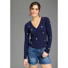 Strickjacke Kangaroos, Damen, Gr. 48/50, marine, Rippstrick, Obermaterial: 70% Viskose, 30% Polyamid, figurbetont h&uuml;ftlang, V-Ausschnitt, Strickjacken Strickjacke, aus Rippstrick mit Stickerei