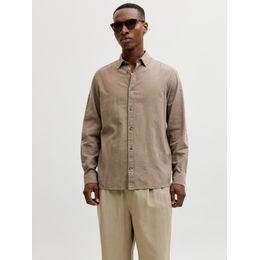 Jack & Jones Langarmhemd JACK & JONES "JJESUMMER LINEN BLEND SHIRT L/S SN", Herren, Gr. XL, N-Gr, falcon, Web, Obermaterial: 70% Baumwolle, 30% Leinen, unifarben, normal normal, Hemden Langarmhemd, Baumwollmischung, regular fit