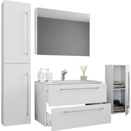 Vcm 5-tlg. Set 1 Waschtisch mit zwei Schubladen, 1 Spiegelschrank, 1 Waschbecken, 1 Midischrank, 1 Hochschrank Keramik Waschbecken h&auml;ngend Unterschrank 80 cm Badm&ouml;bel Set Waschplatz &ndash; Badinos