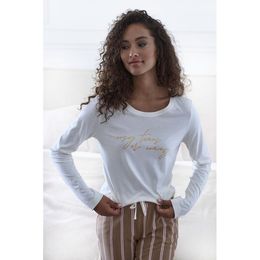 Lascana Pyjamaoberteil braun Gr. 40/42 f&uuml;r Damen. Rundhals und Druck. Basic. Nachhaltig.