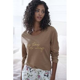 Lascana Pyjamaoberteil braun Gr. 36/38 f&uuml;r Damen. Rundhals und Druck. Basic. Nachhaltig.