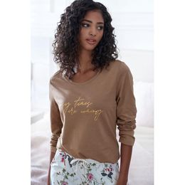 Lascana Pyjamaoberteil braun Gr. 40/42 f&uuml;r Damen. Rundhals und Druck. Basic. Nachhaltig.
