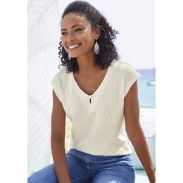 Lascana Kurzarmshirt mehrfarbig Gr. 40/42 f&uuml;r Damen. V-Ausschnitt und Zierknopf. Bequem. Nachhaltig.